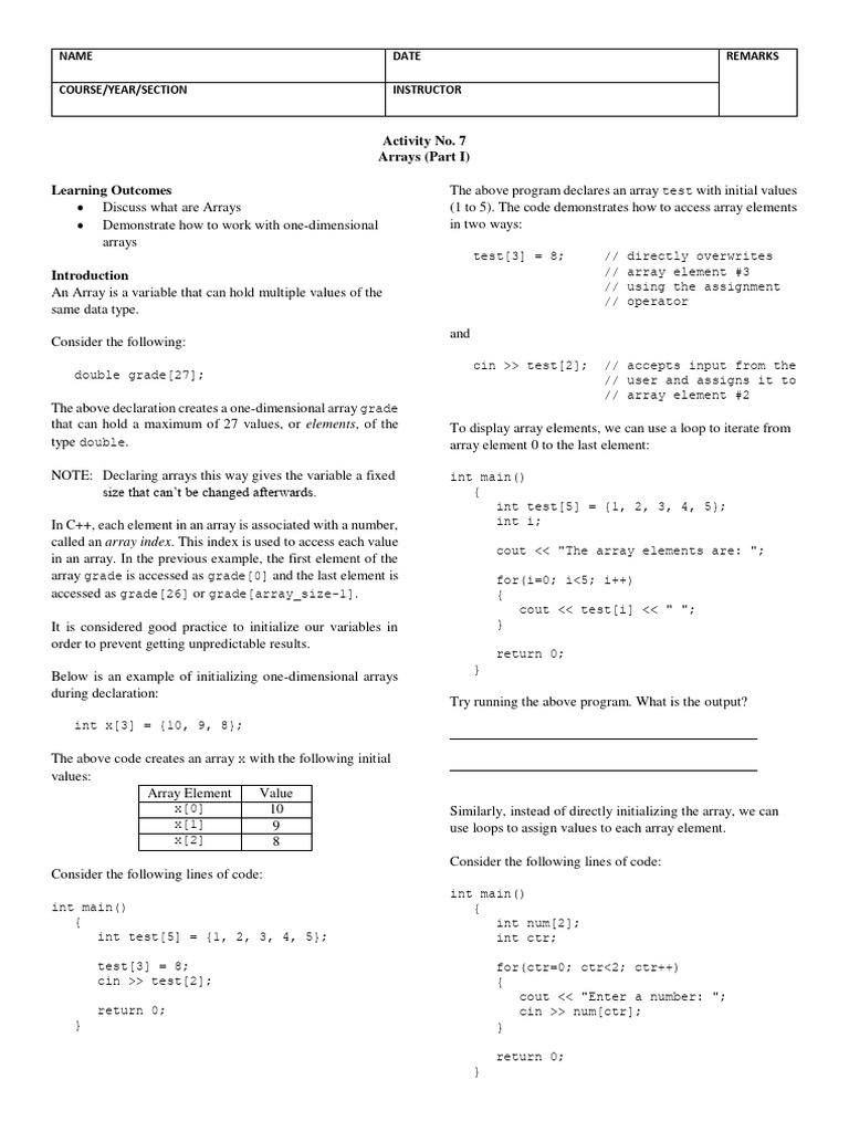 Activity 7 One Dimensional Arrays Pdf Computer Data Computer Engineering