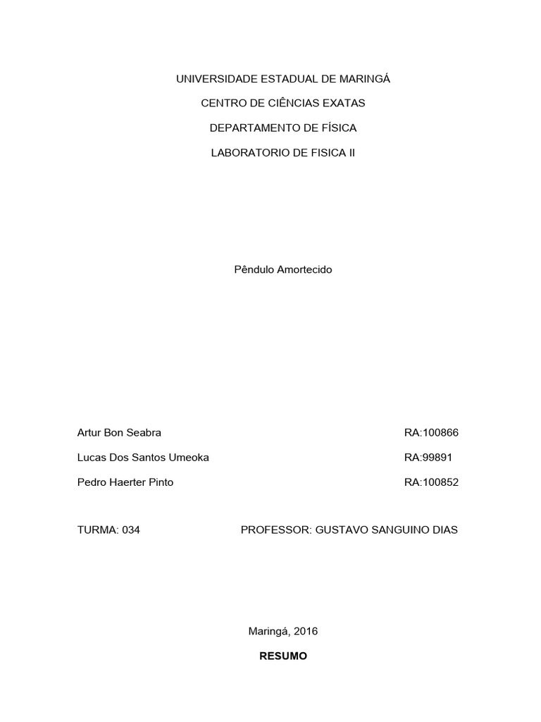 Relatorio Gugu 2 | Download grátis PDF | Pêndulo | Massa
