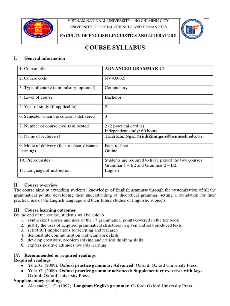 15 Weeks - Syllabus - Advanced Grammar C1 | PDF