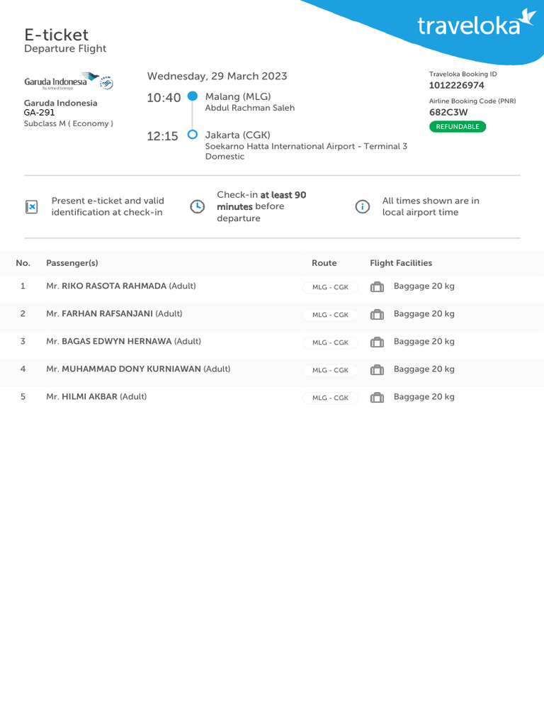 Garuda Indonesia E-Ticket Details | PDF | Service Industries | Aviation