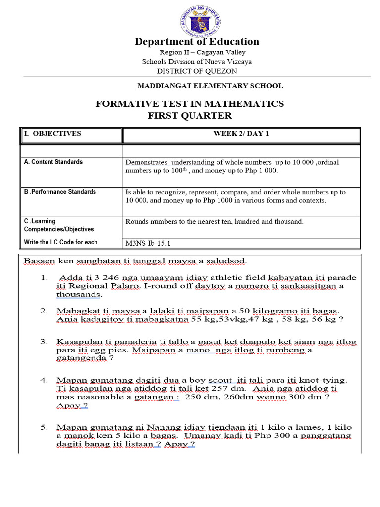 FORMATIVE TEST IN MATHEMATICS Quarter 1 | PDF