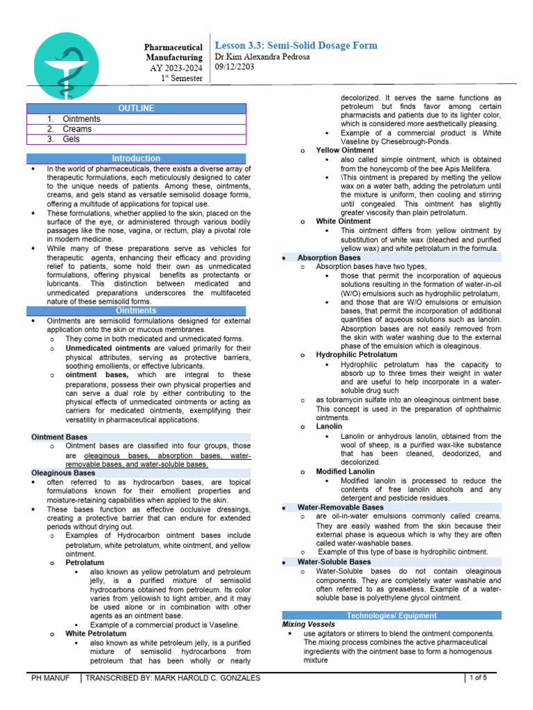 Lesson 3.3- Semi-Solid Dosage Forms | PDF | Topical Medication | Emulsion