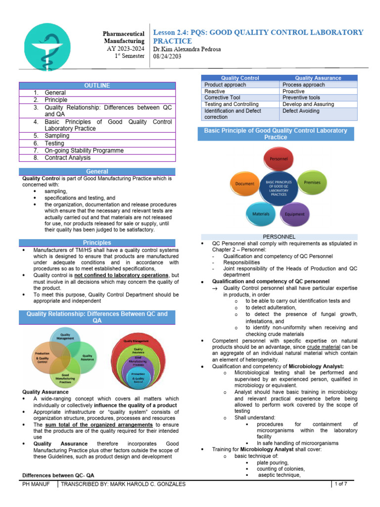 Lesson 2.4 - Good Quality Control Laboratory Practice | PDF | Quality ...