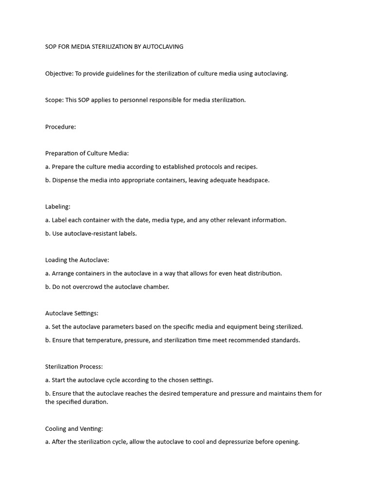 Media Sterilization Autoclave SOP | PDF | Technology & Engineering