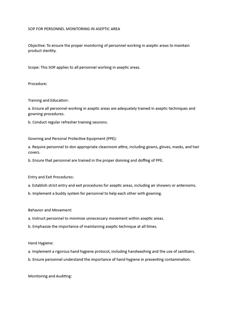 Sop For Personnel Monitoring in Aseptic Area | PDF