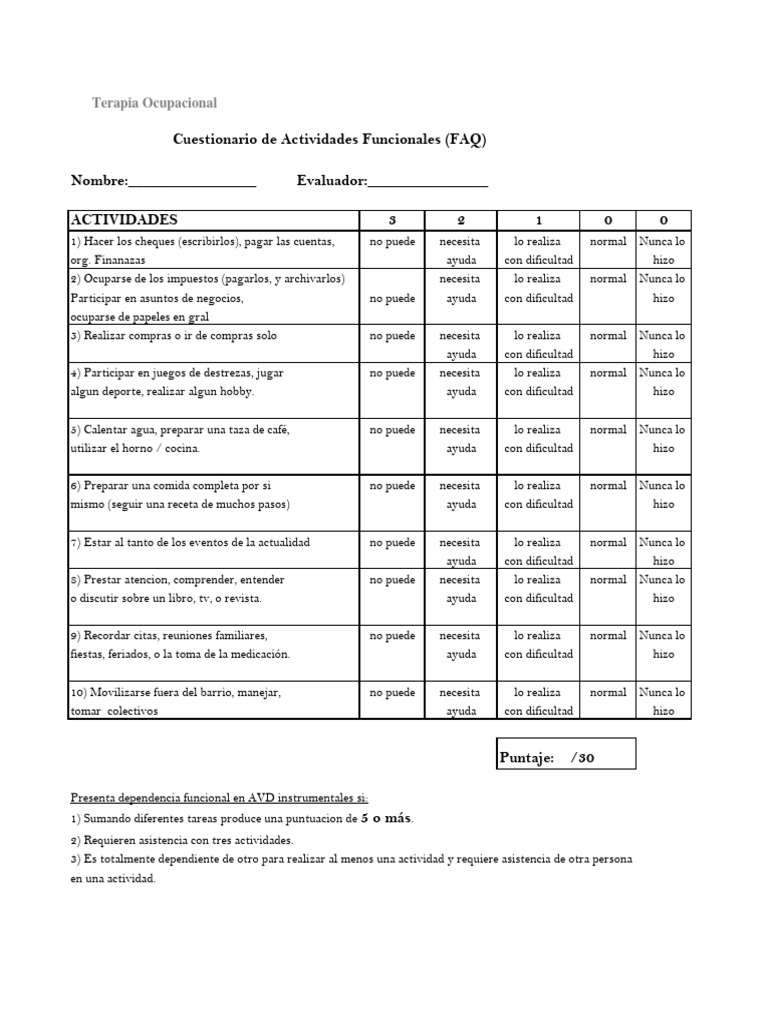FAQ-cuestionario de Actividades Funcionales | PDF