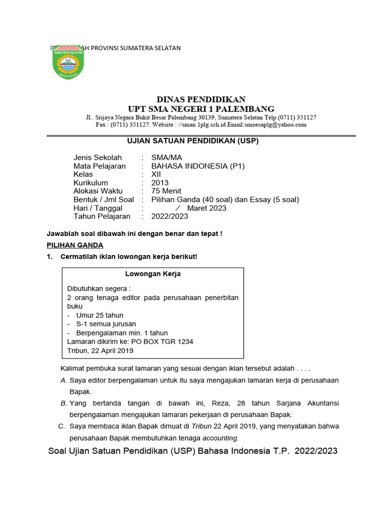 USP Bahasa Indonesia SMA 2023 | PDF