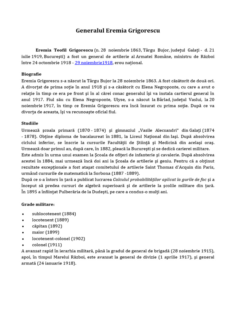 Eremia Grigorescu - Generalul de La Marasesti Si Oituz | PDF