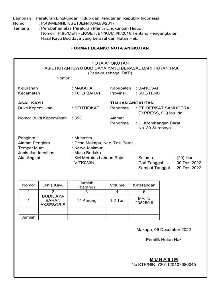 Contoh Nota Angkutan Kayu Budidaya | PDF