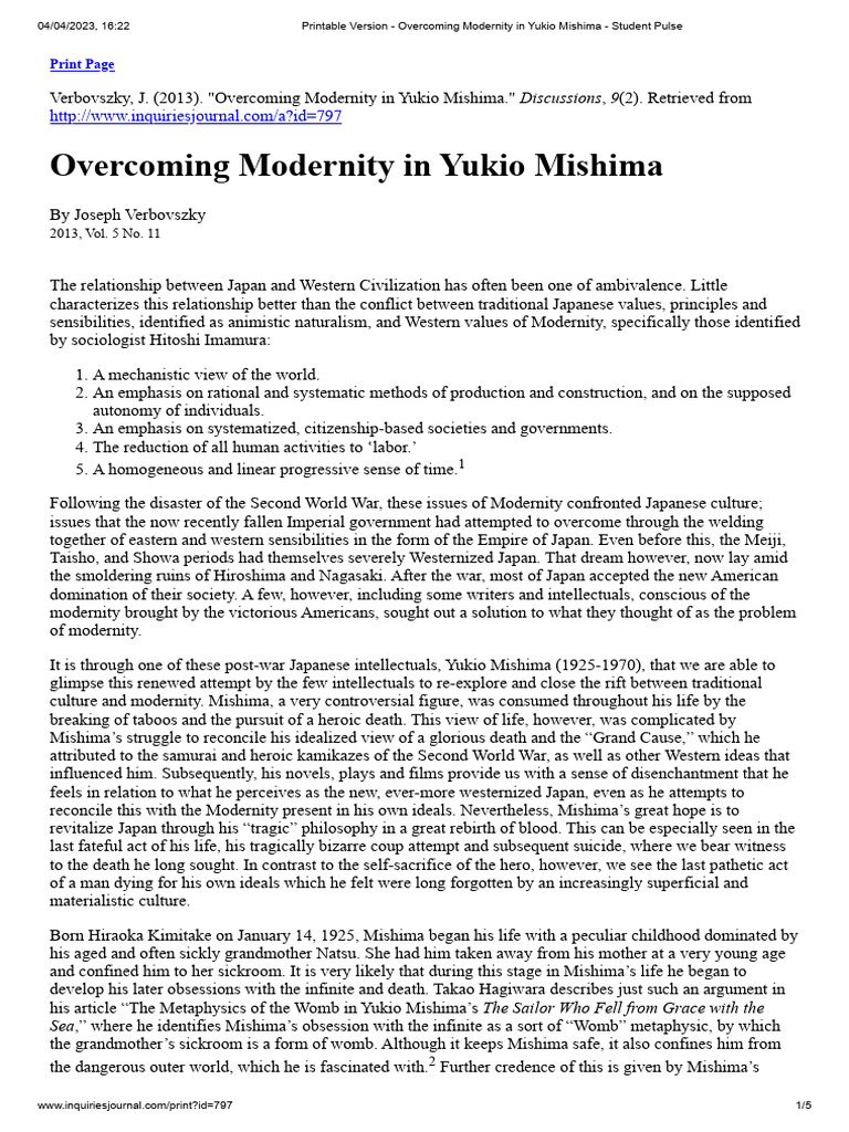 Printable Version - Overcoming Modernity in Yukio Mishima - Student ...
