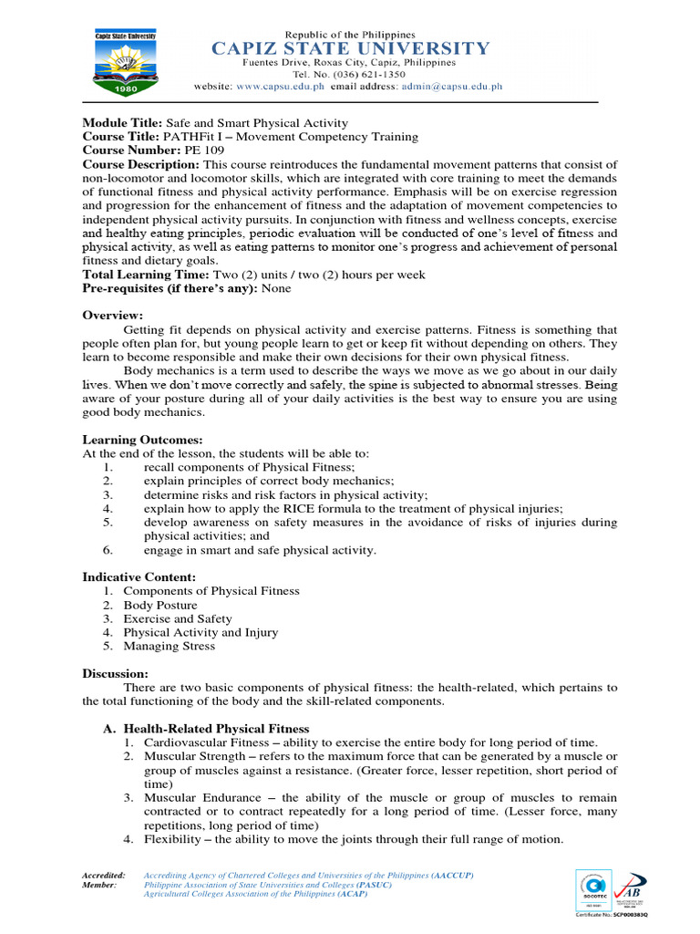 Unit2 Safe and Smart Physical Activity | PDF | Physical Fitness | Injury