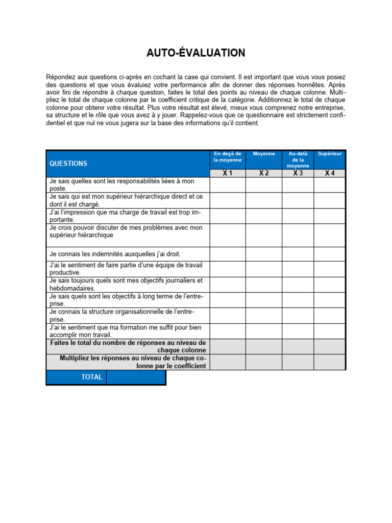 Fiche d'Auto-Évaluation Professionnelle | PDF
