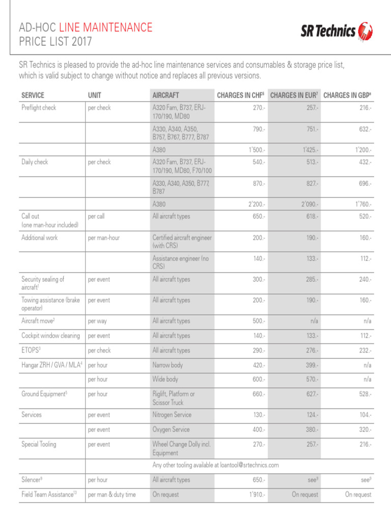 Ad-Hoc Line Maintenance Price List 2017 | PDF