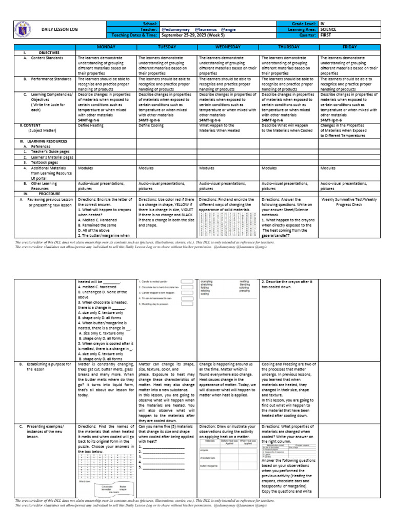 DLL - SCIENCE 4 - Q1 - W5 - Describe Changes in Properties of Materials ...