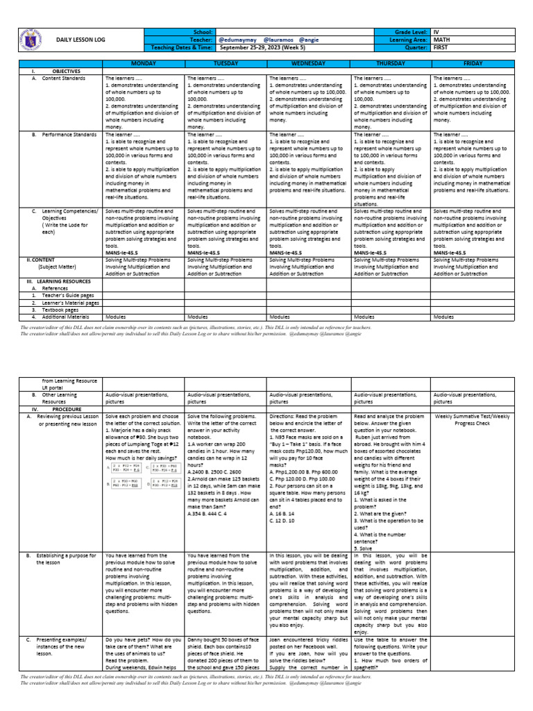DLL - MATH 4 - Q1 - W5 - Solves Multi Step Routine and Non Routine Problems Involving ...