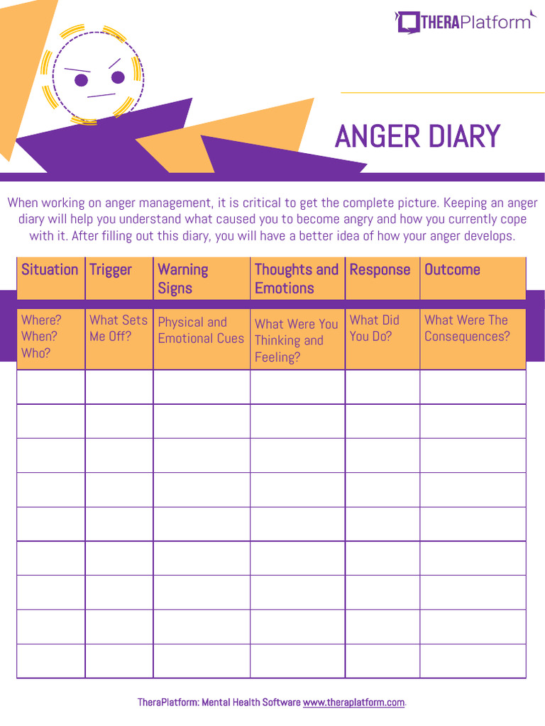 Anger Diary: Situation Trigger Warning Signs Thoughts and Emotions ...