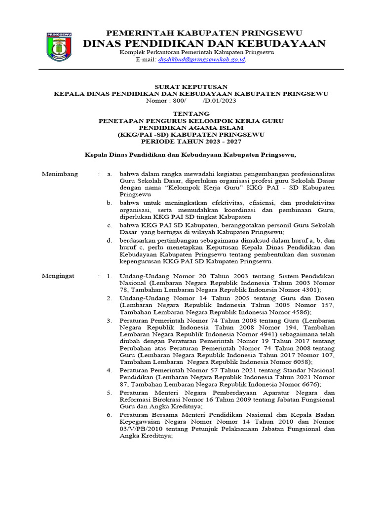 Draft SK Pengurus KKG Pai Gadingrejo - Pringsewu | PDF