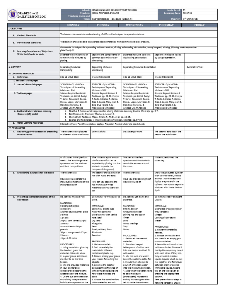 DLL Science 6 Q1 W4 | PDF