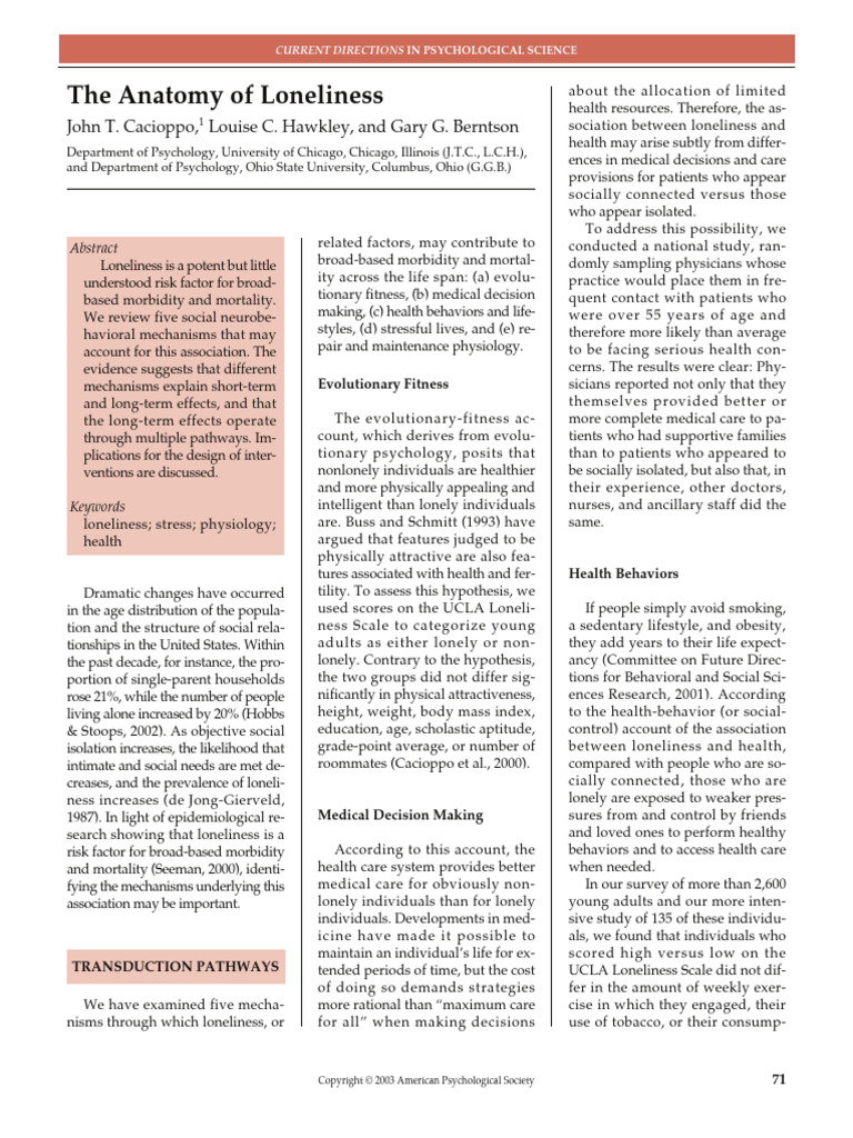 Cacioppo Et Al. The Anatomy of Loneliness | PDF | Stress (Biology ...