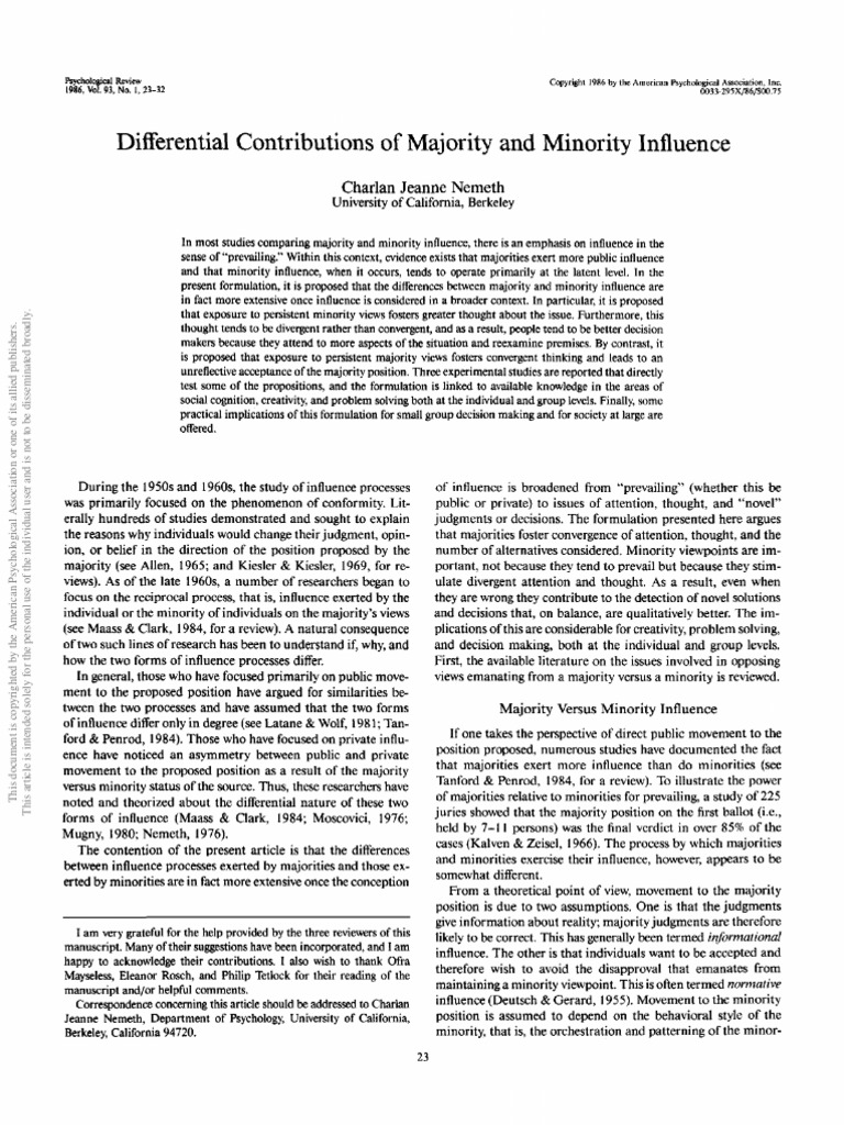 Nemeth. Differential Contributions of Majority and Minority Influence ...
