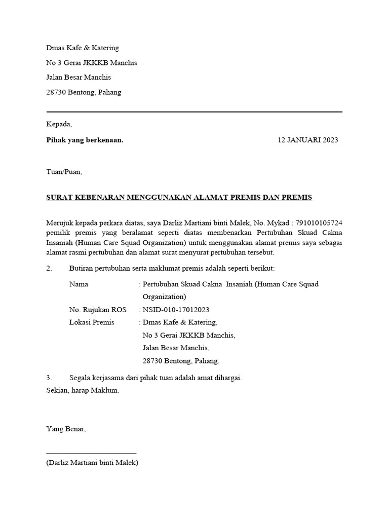 Surat Kebenaran Guna Premis Pertubuhan NGO | PDF