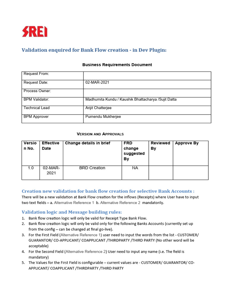 BRD For Bank Flow Validation For Alternative Reference | PDF