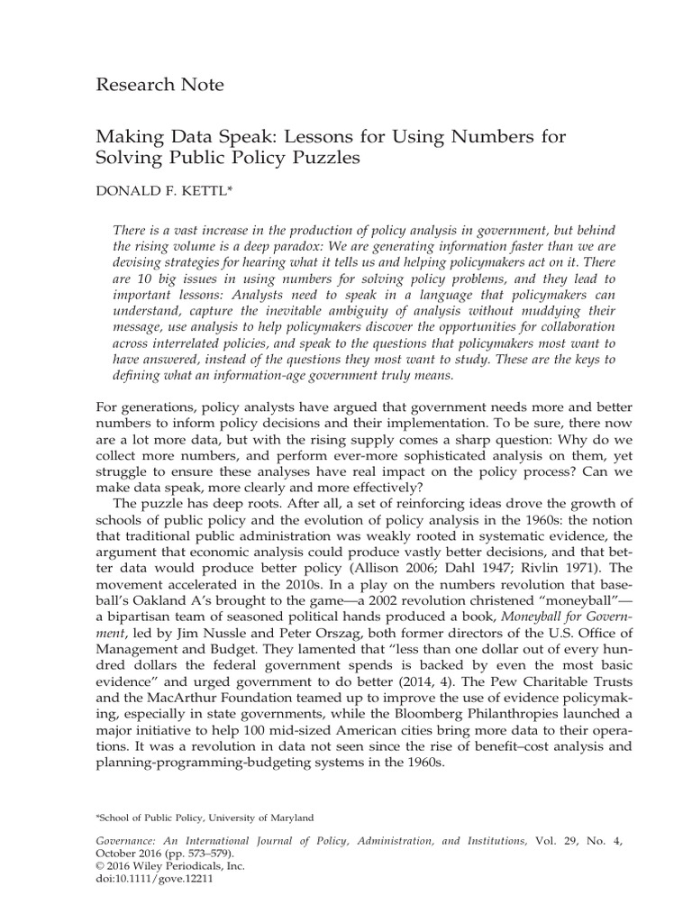 Governance - 2016 - Kettl - Making Data Speak Lessons For Using Numbers For Solving Public ...