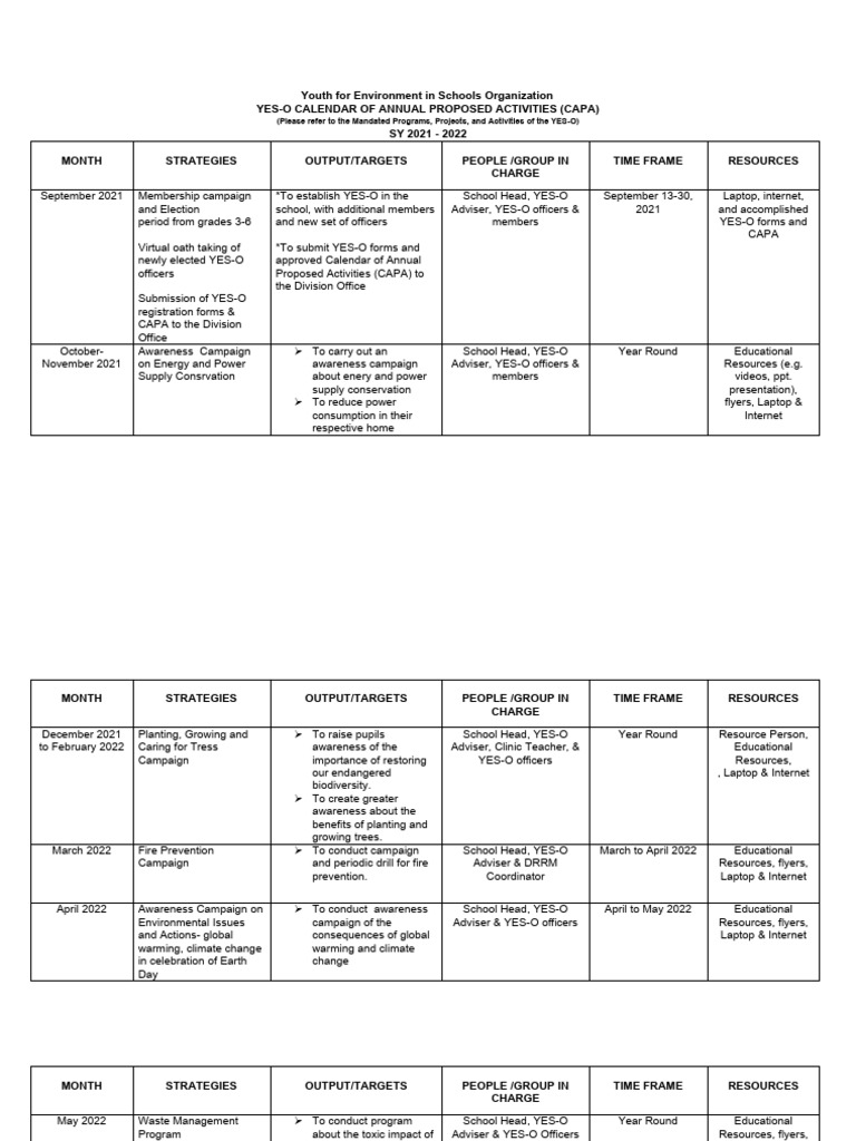 YES-O Annual Activities Calendar 2021-2022 | PDF
