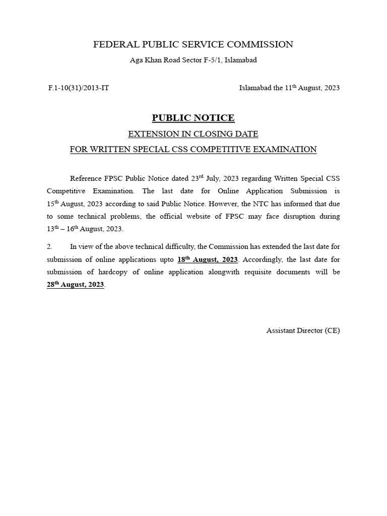 Special CE CSS 2023 Public Notice Extension Closing Date 11-08-2023 | PDF