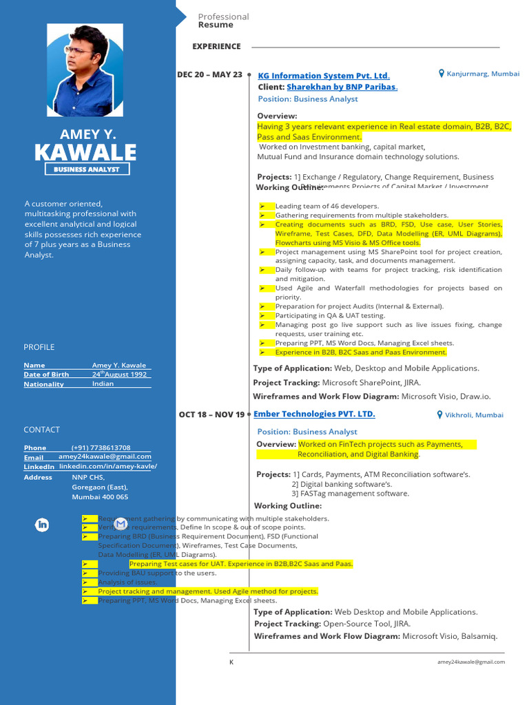 Business Analyst Resume of Amey Kawale | PDF | Business