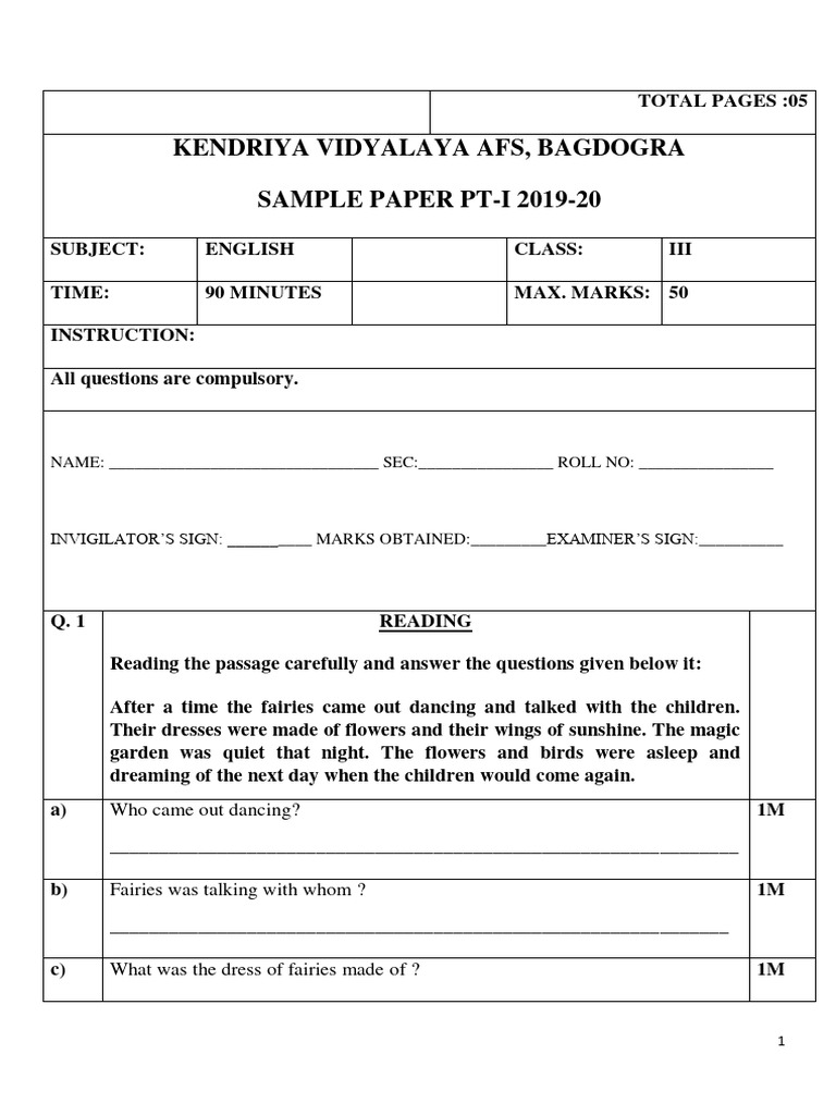 Class 3 English PT-1 Sample Paper | PDF