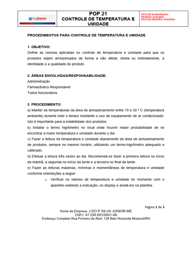 POP 21 - Controle de Temperatura e Umidade | PDF POP 21 - Controle de Temperatura e Umidade | PDF