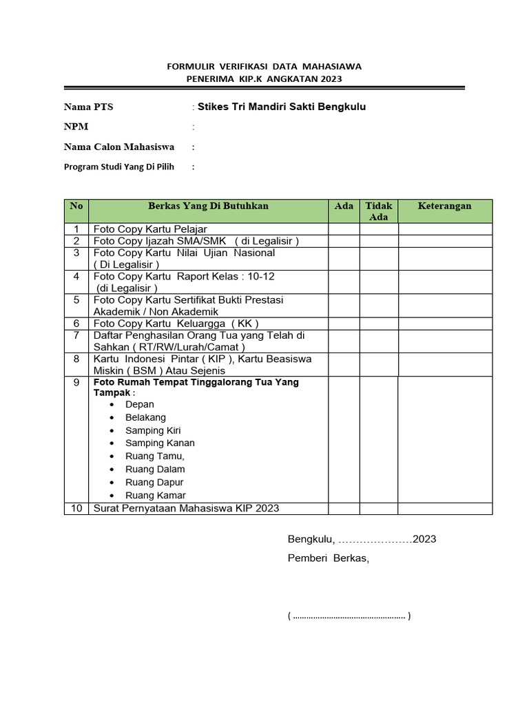 Formulir Verifikasi Data Kip | PDF