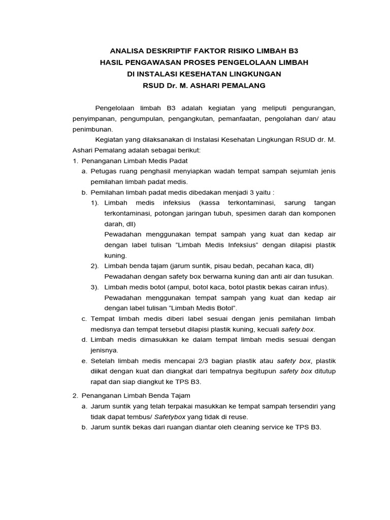 Analisa Deskriptif Pengawasan Proses Pengolahan Limbah B3 (Jan 2023) | PDF Analisa Deskriptif Pengawasan Proses Pengolahan Limbah B3 (Jan 2023) | PDF