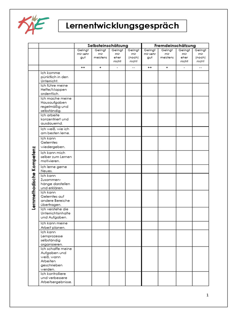 Schülersprechtag - Selbsteinschätzungsbogen | PDF