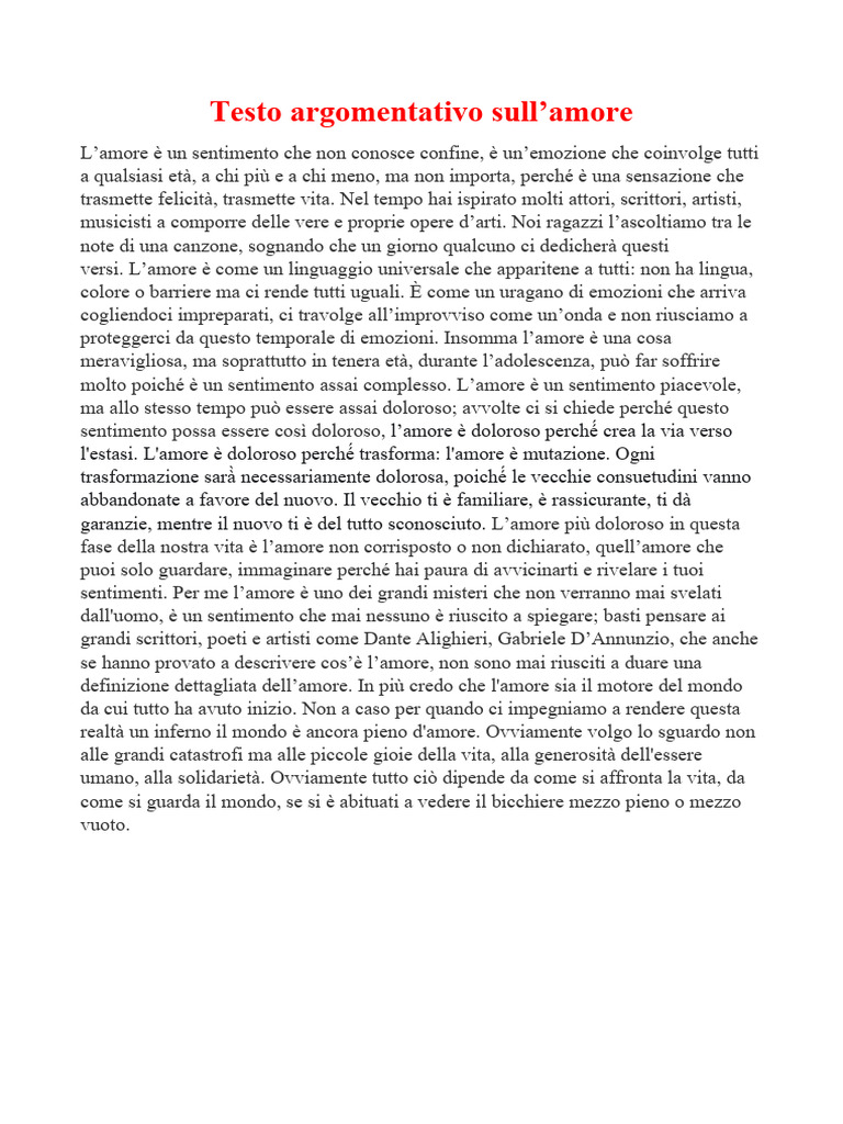 Testo Argomentativo Sull'amore | PDF
