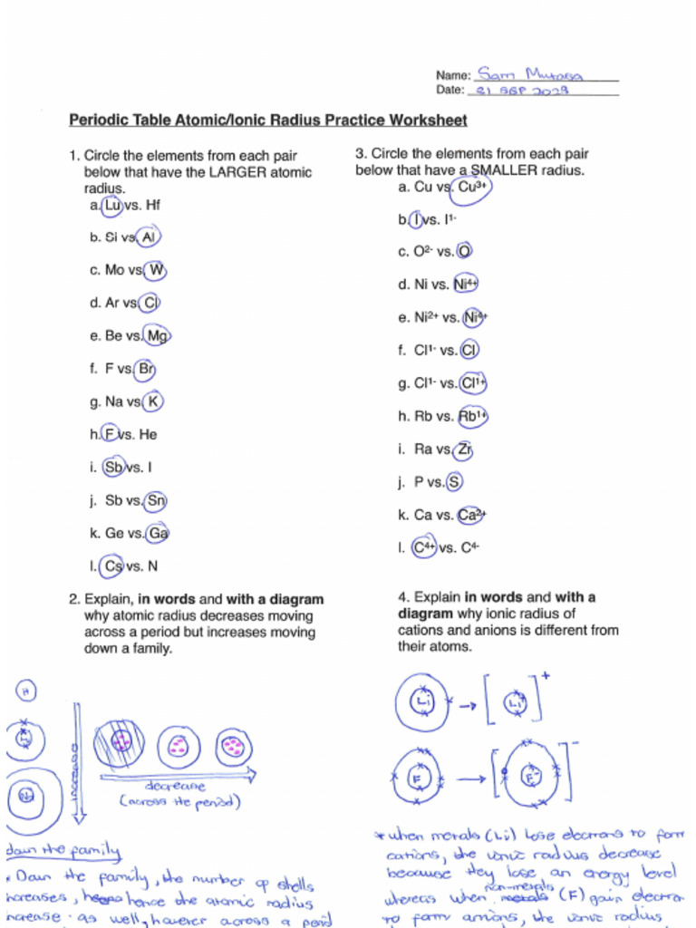 Atomic Radius Worksheet | PDF