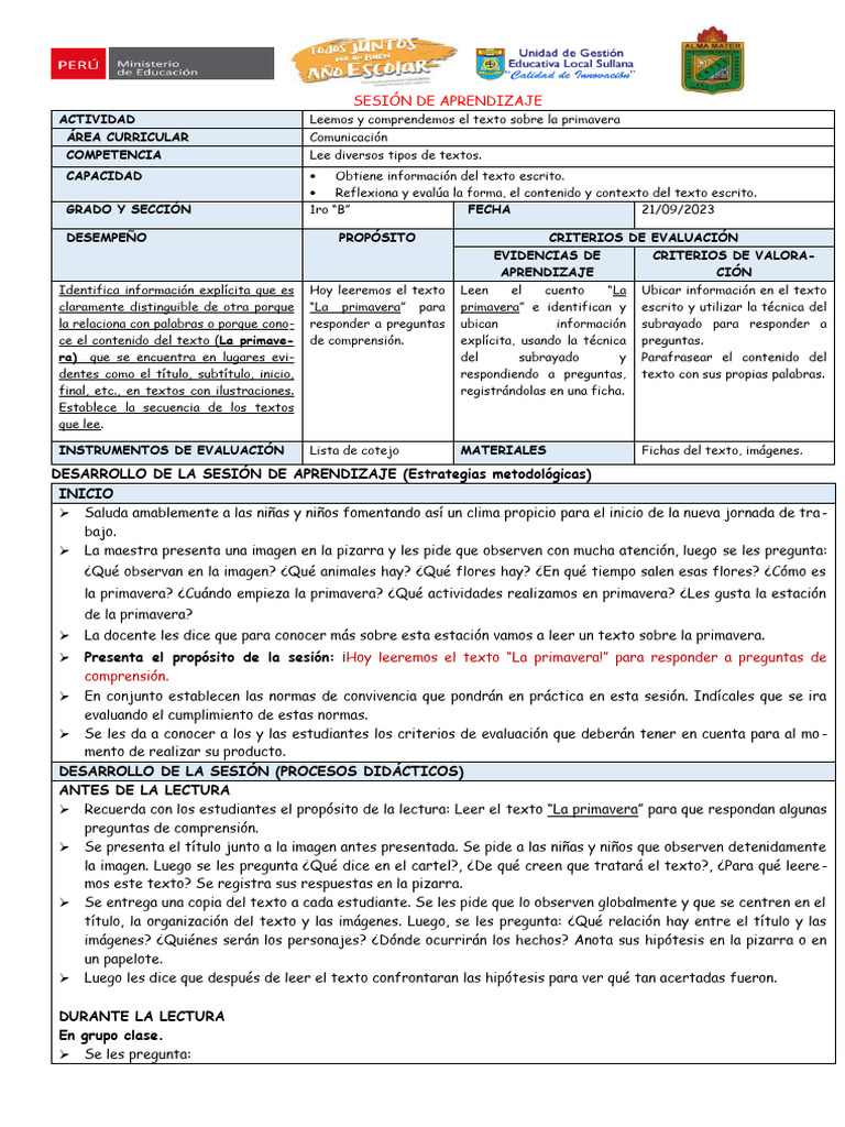 Comprensión de la Primavera en Clase | PDF | Evaluación | Aprendizaje