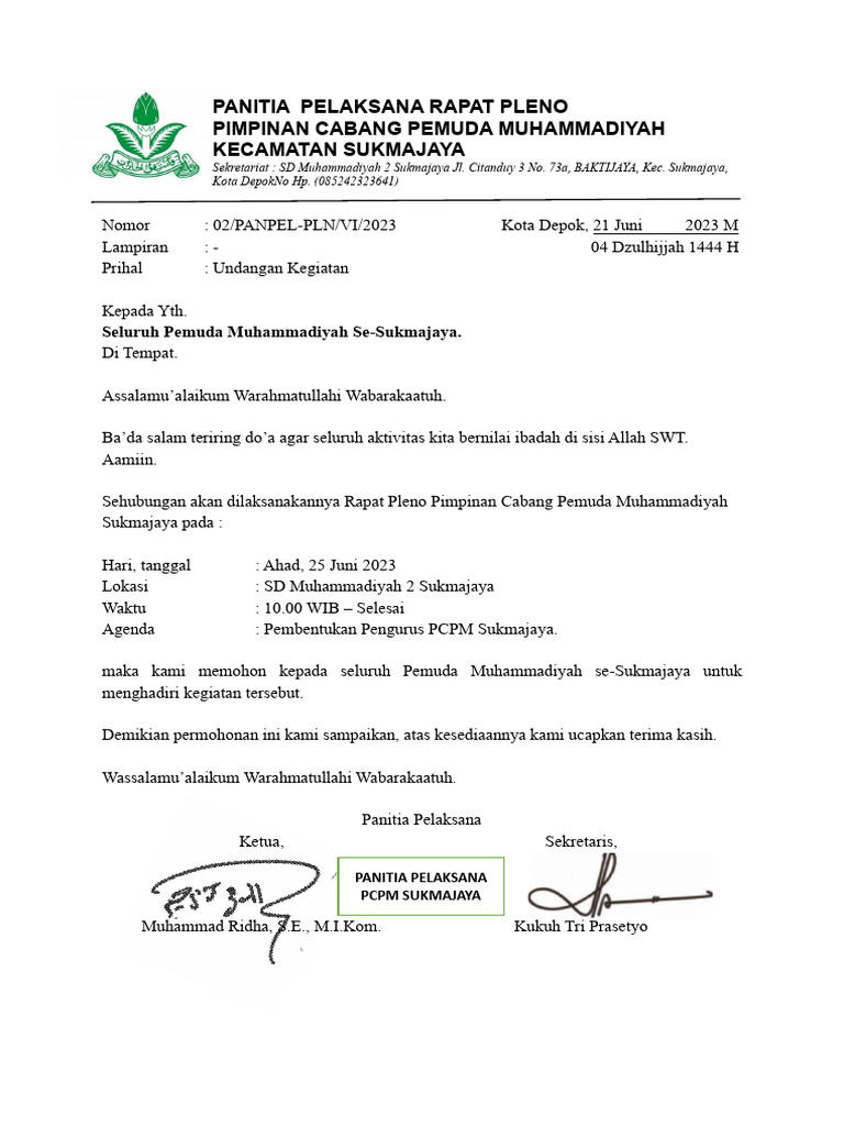 Undangan Pemuda Muhammadiyah Se-Sukmajaya | PDF