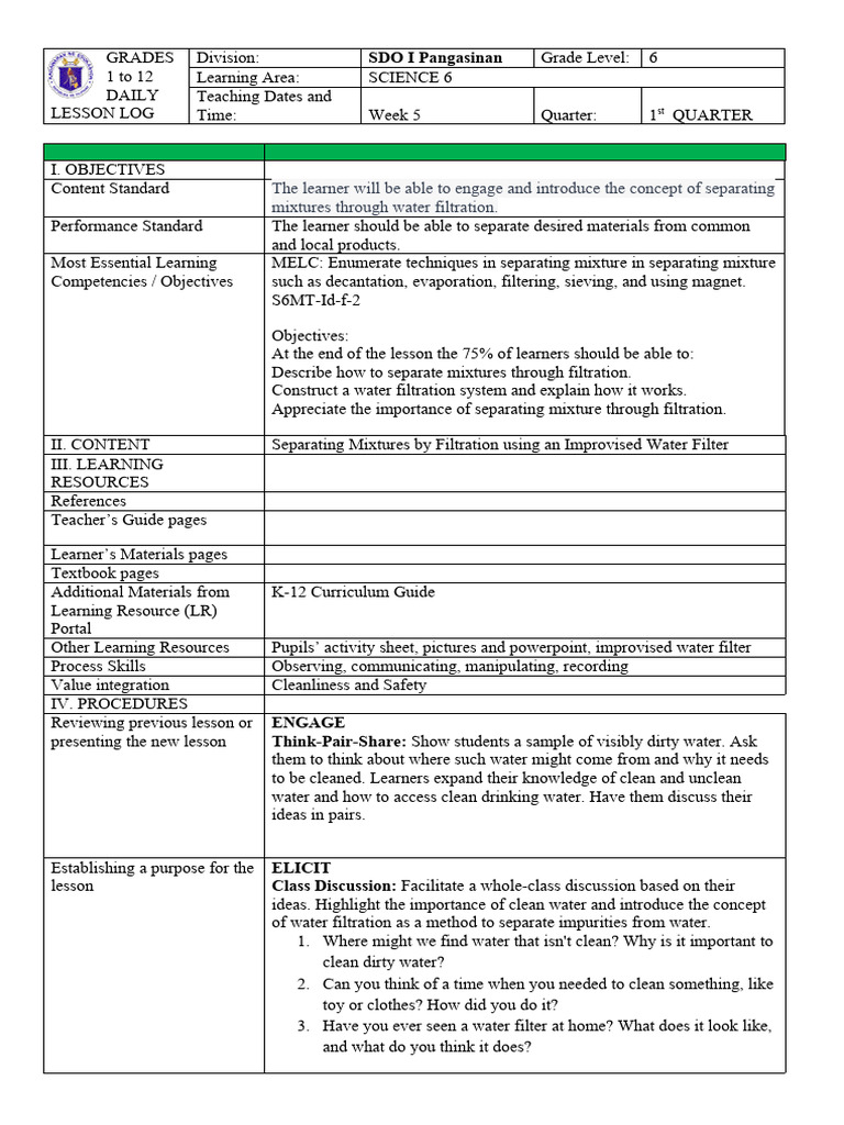 Grade 6 Science: Water Filtration Lesson | PDF | Filtration | Water