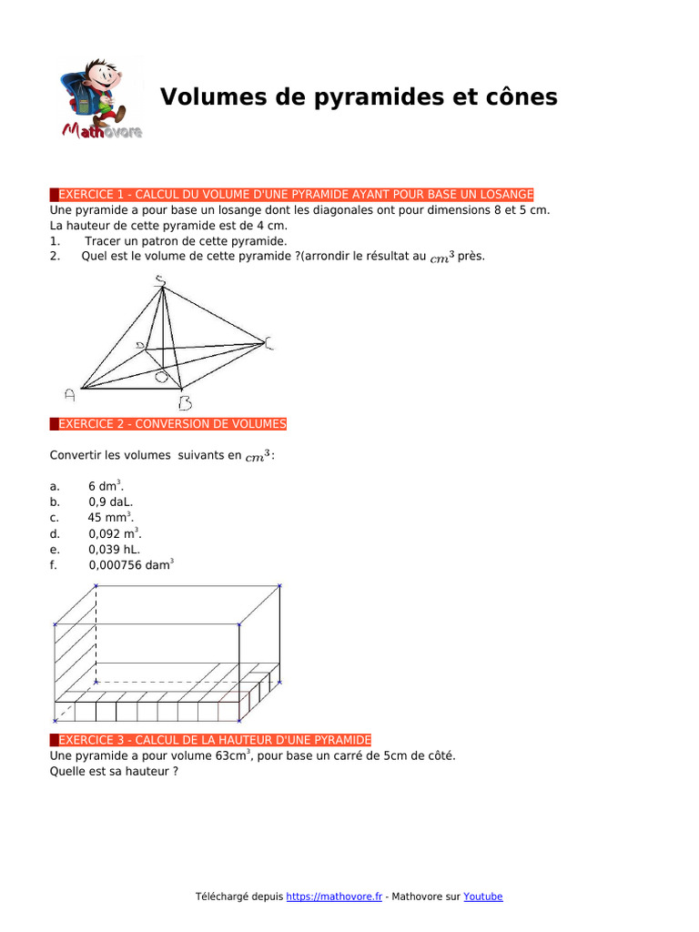 Volumes de Pyramides Et Cones Exercices de Maths en 4eme Corriges en ...