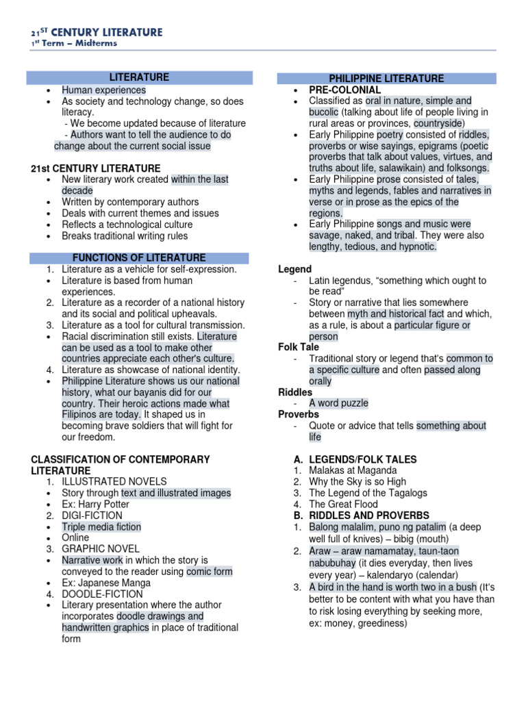 Literature - Midterm Reviewer | PDF | Philippines | Legends