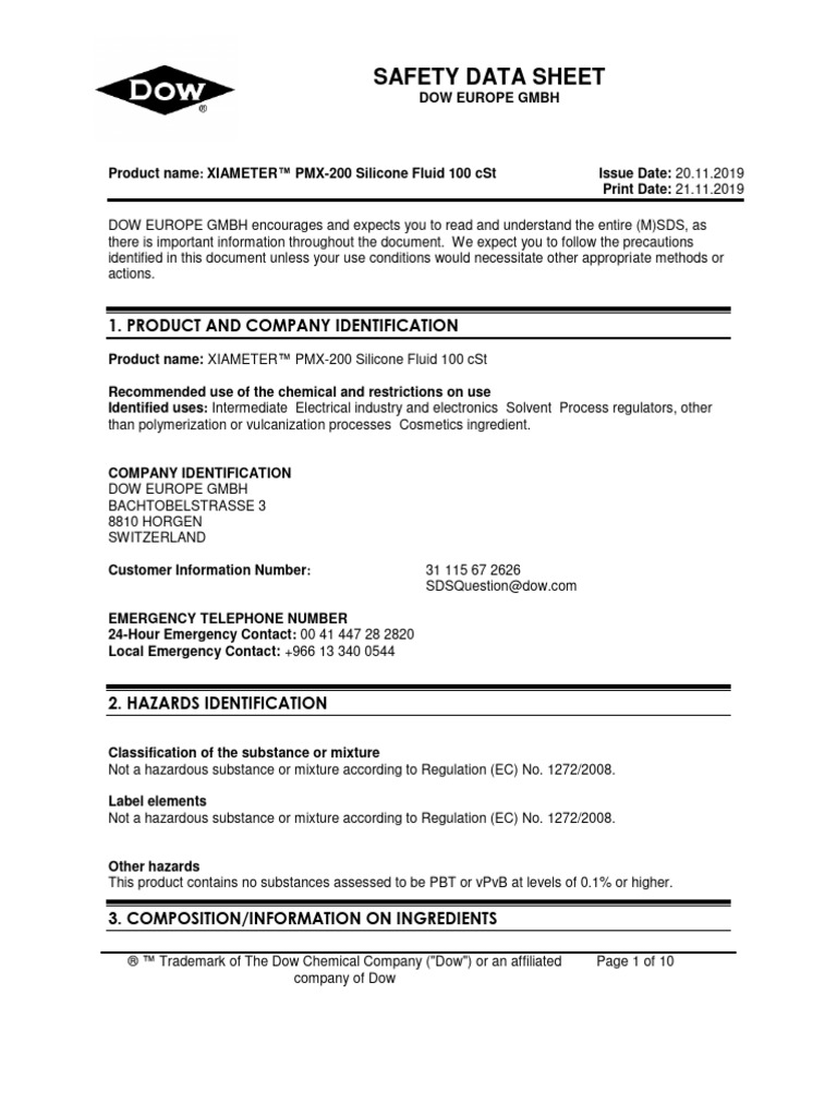 DOW XIAMETER PMX-200 Sillicone Fluid 100cSt SDS (EU) | PDF