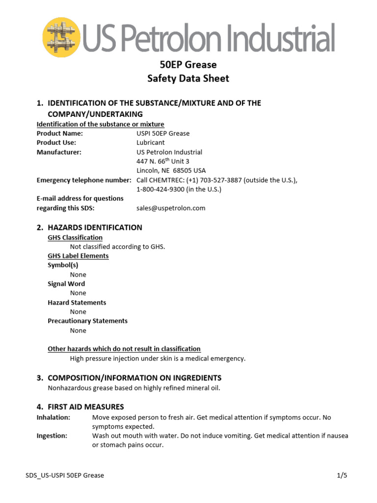 USPI 50EP Grease Safety Data Sheet | PDF | Personal Protective ...