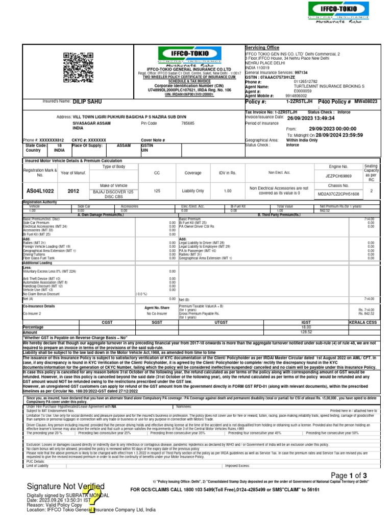 Dilip Sahu Policy #: P400 Policy #: Signature Not Verified | PDF ...