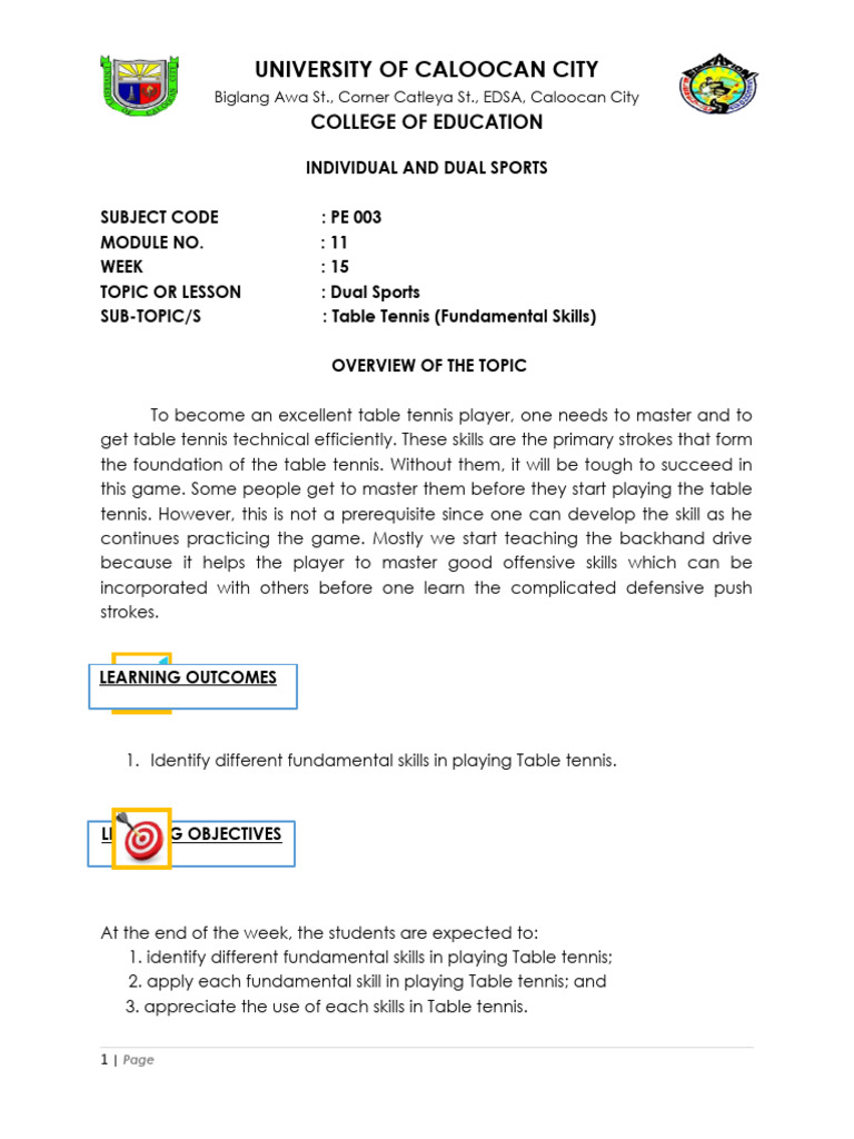 PE003 Module 11 Unit 4 Table Tennis Fundamental Skills | PDF | Ball ...