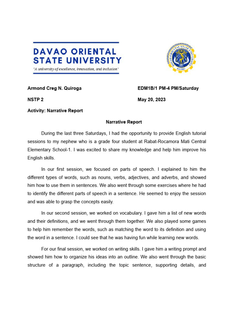 NSTP 2 (Narrative Report) | PDF | English Language | Part Of Speech