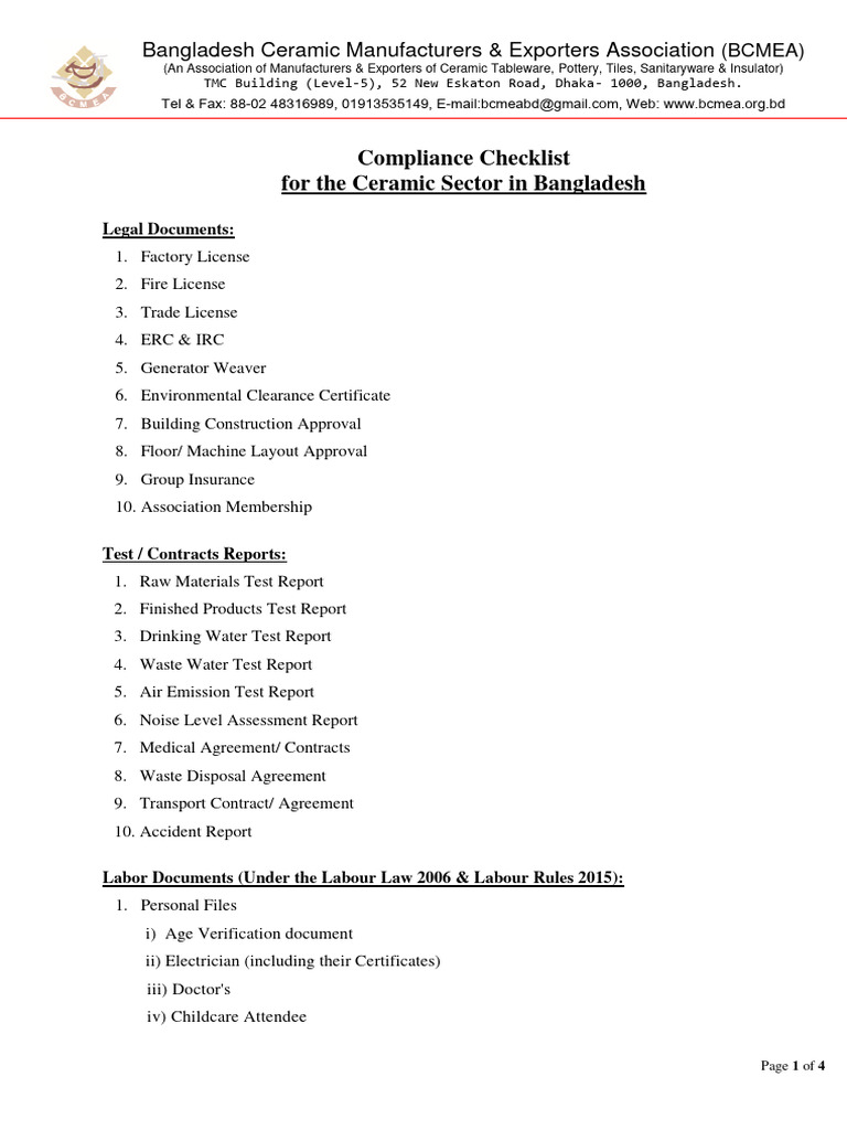 Compliance Checklist For Ceramic Sector in Bangladesh | PDF