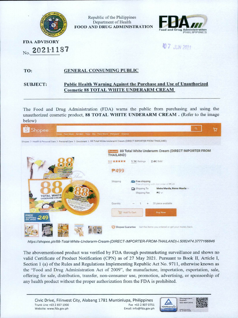 FDA-Advisory-No.2021-1187 88 Cream | PDF