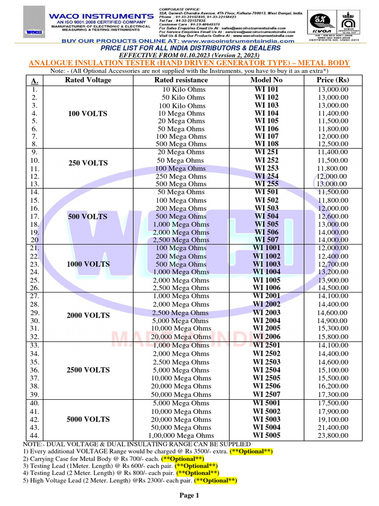 WACO Price List 2023-24 | PDF | Volt | Electrical Resistance And ...